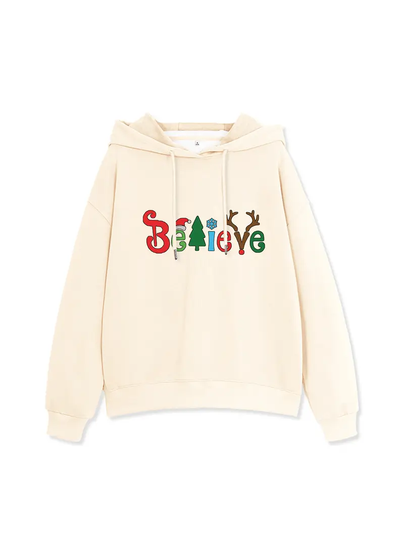 Christmas Believe Letter Print Solid Hoodie Casual Every Day