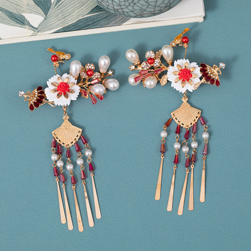 Tassel Red Flower Leaf Pearl Hair Clip Handmade Vintage - Temu