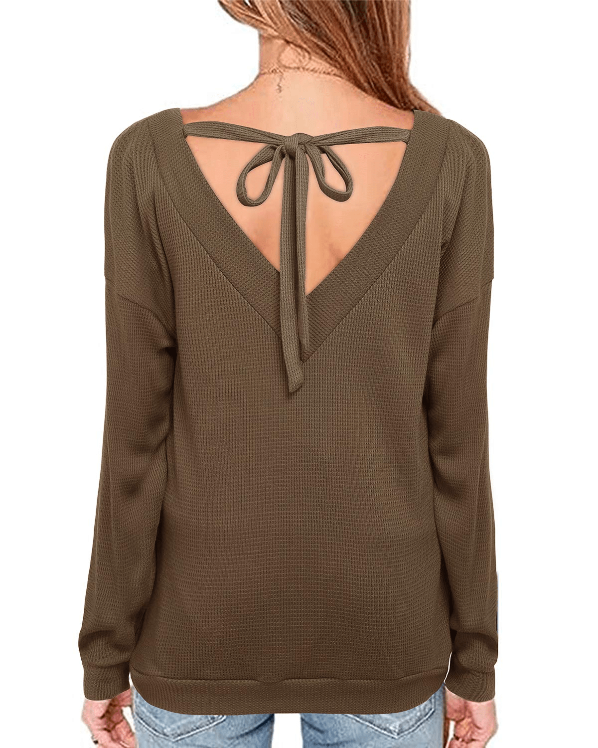 Solid Texture Tie Back V Neck Long Sleeve Pullover Top Casual Everyday T Shirt Womens Clothing ...