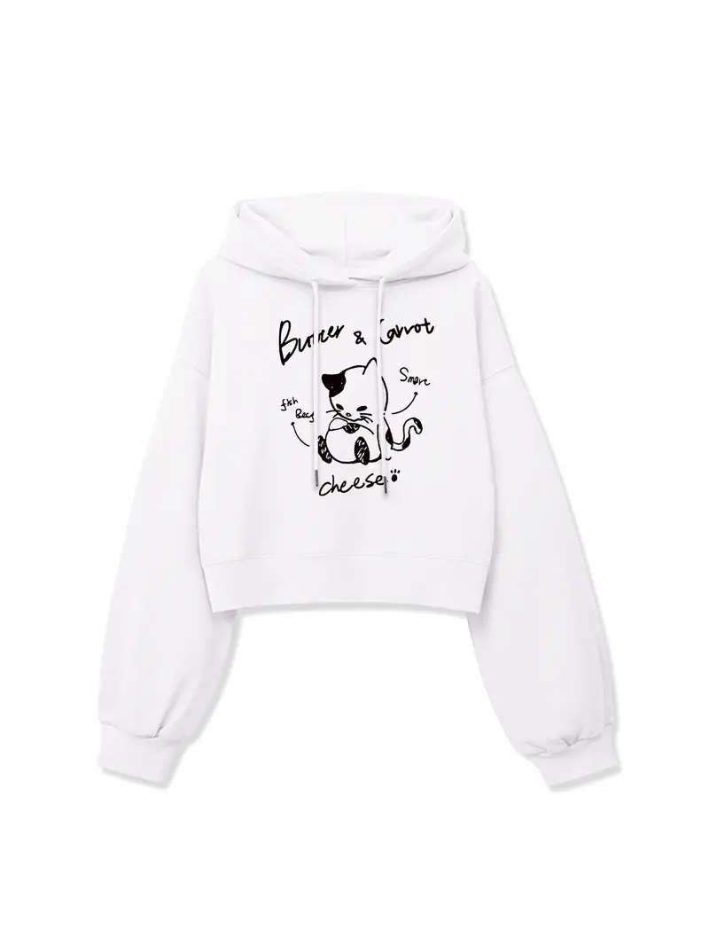 Cute Cat Graphic Print Solid Hoodie Long Sleeve Casual Every Temu