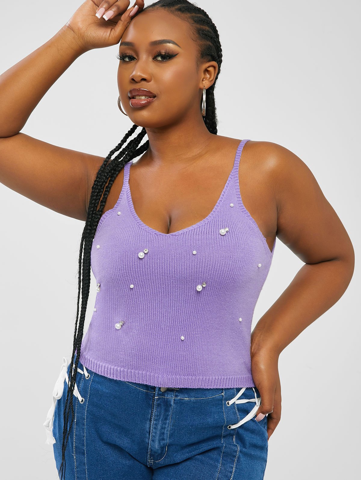 Plus Size Pearl Decor Knit Cami Top Women's Plus High - Temu Norway
