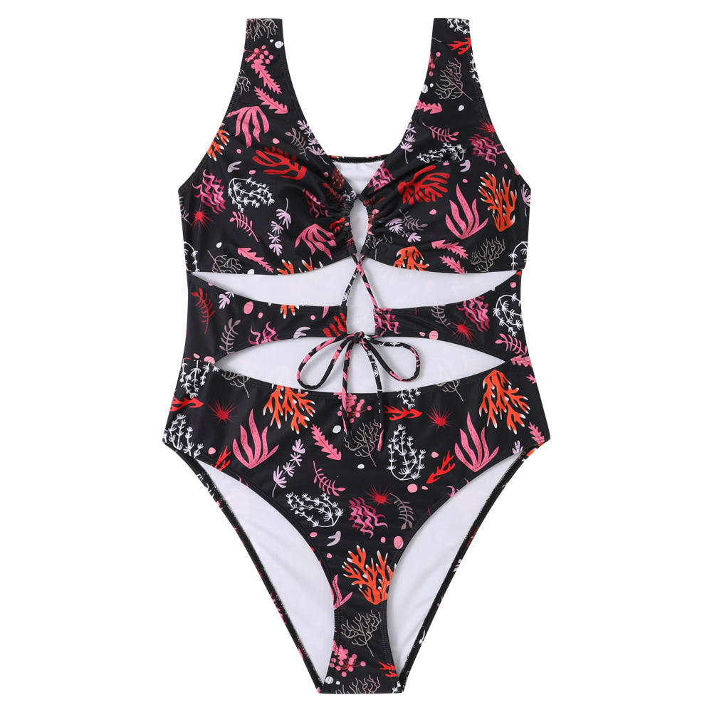 Swimsuit Plus Size Coral Print Cut Drawstring Front One - Temu New Zealand