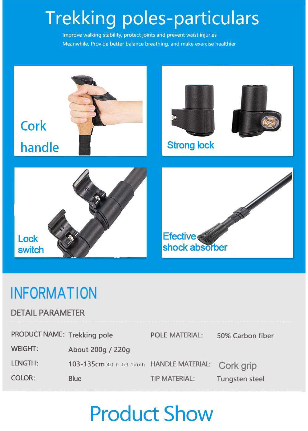 3 Section Telescopic Carbon Trekking Pole Ud Blue Black 50 Carbon ...