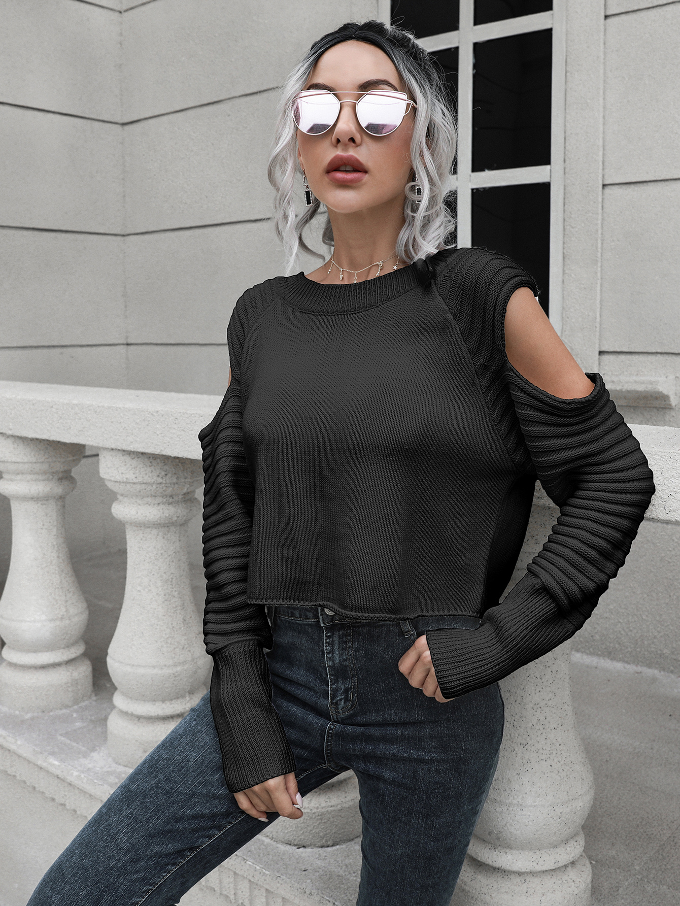 Solid Color Cold Shoulder Ribbed Knit Top Stylish Long - Temu