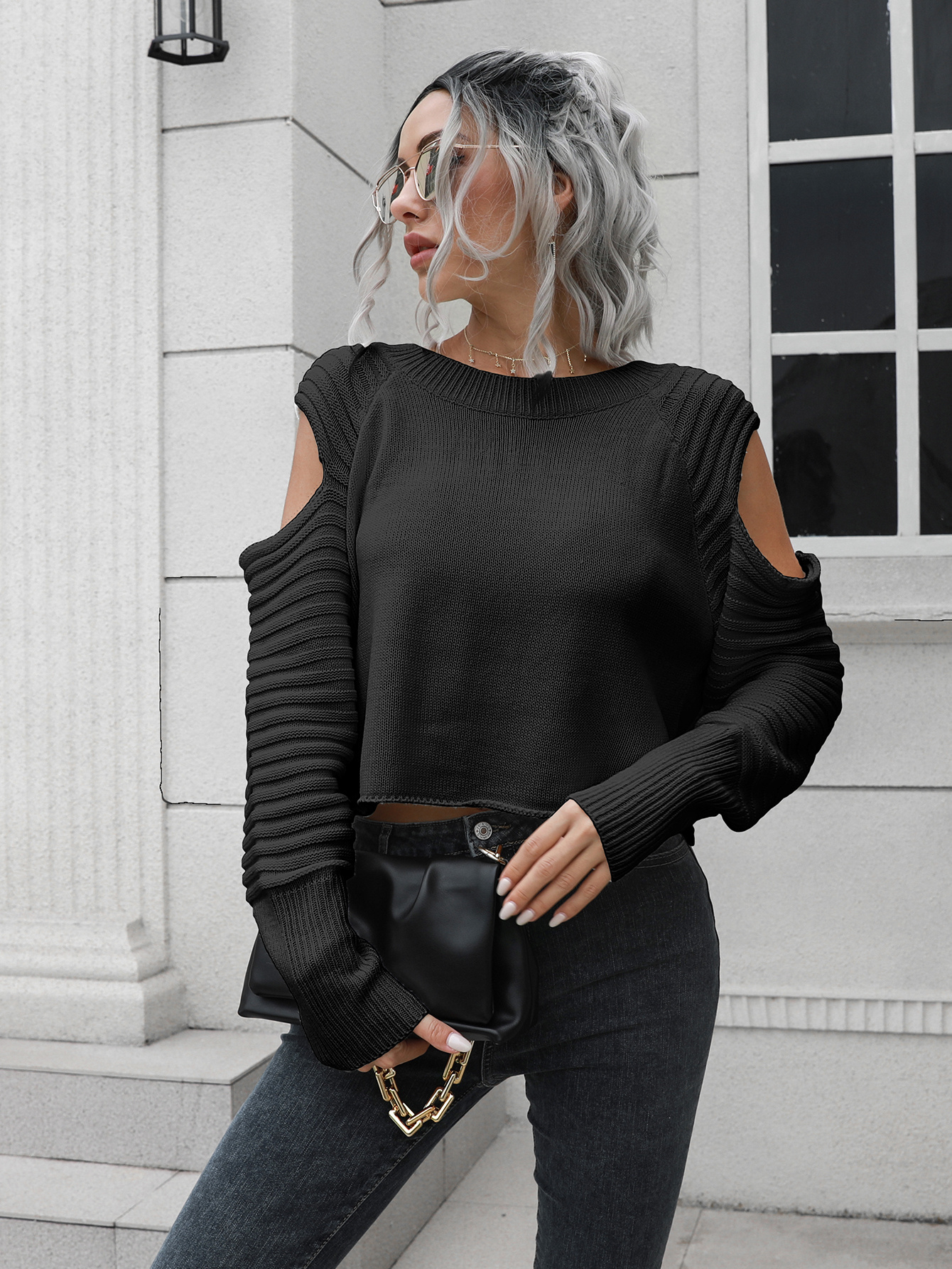 Solid Color Cold Shoulder Ribbed Knit Top Stylish Long - Temu