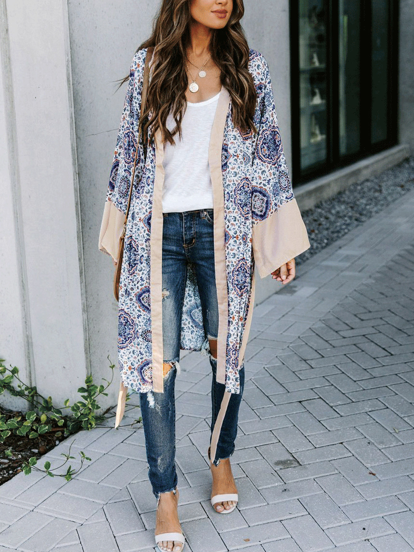 Blue Floral Print Open Front Kimono Stylish - Temu Australia