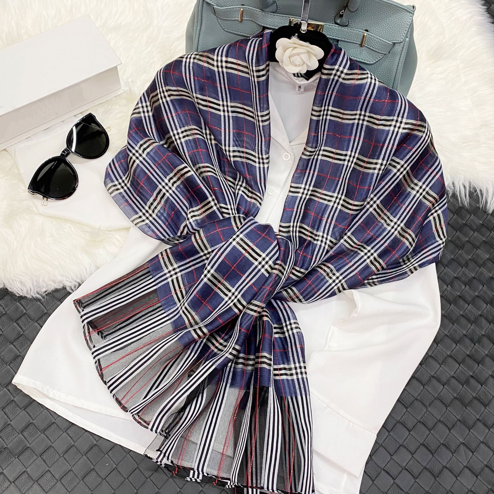 Mulberry Silk Wool Scarf Shawl Casual Style Plaid Scarf Head - Temu ...