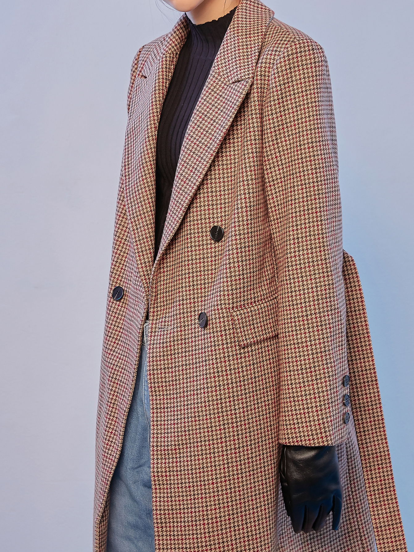 Houndstooth Lapel Long Length Coat Mature Long Sleeve Button - Temu