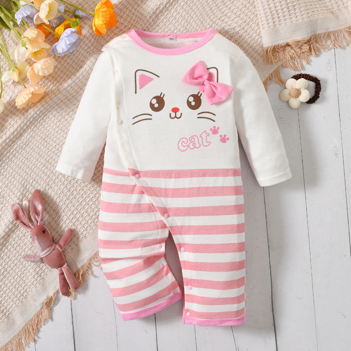 Baby Girls Cute Cat Striped Side Snap Romper Long Sleeve - Temu United ...