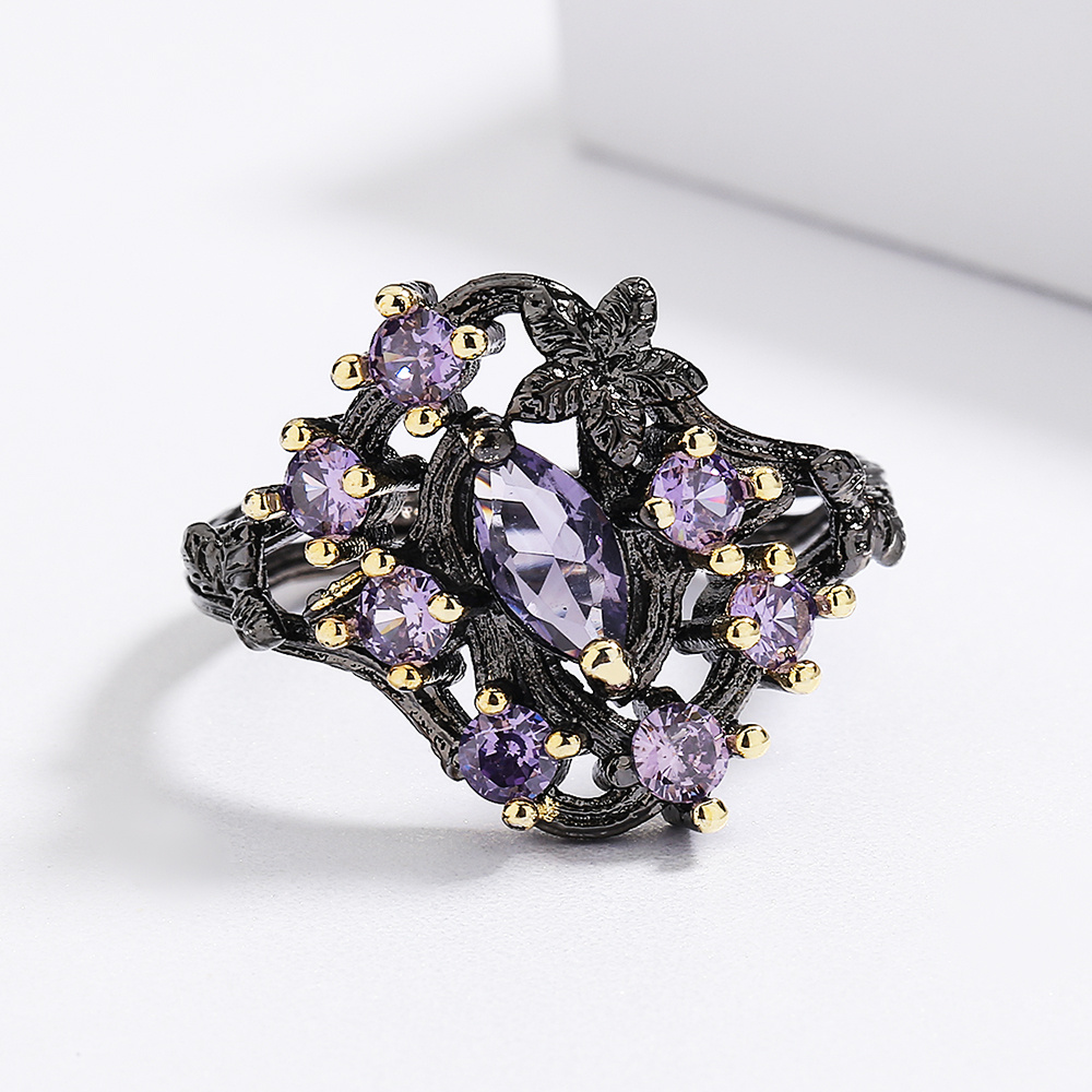Stylish Purple Zircon Womens Ring Elegant Black Flower Gothic Ring ...