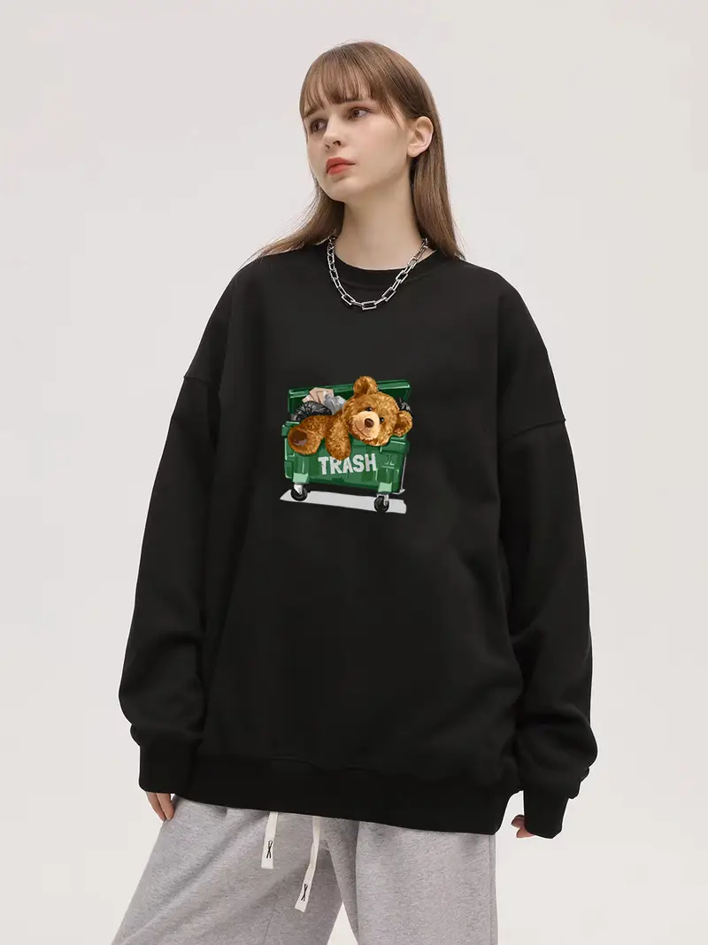 Bear Print Solid Sweater Crew Neck Long Sleeve Temu Australia