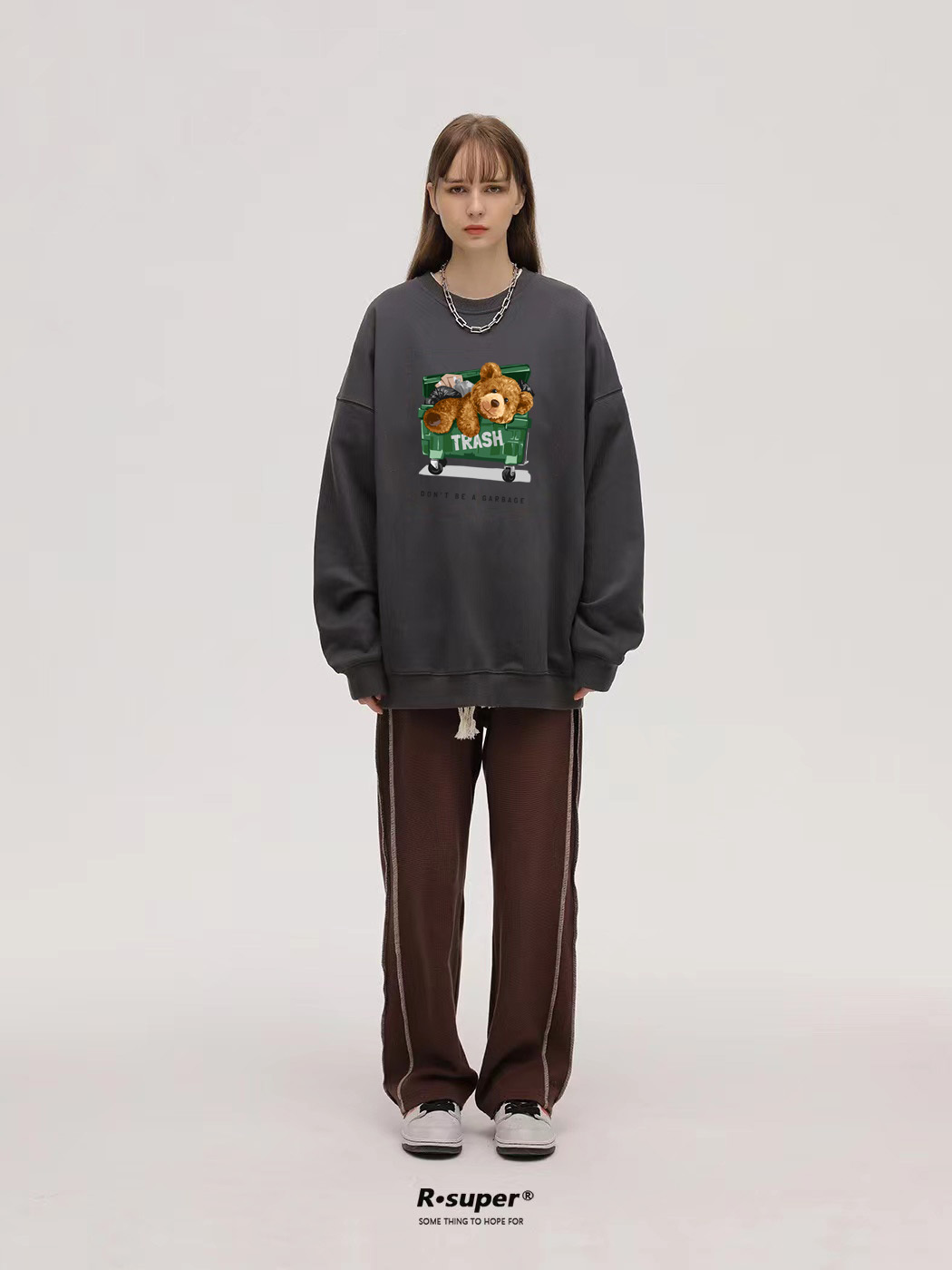 Bear Print Solid Sweater Crew Neck Long Sleeve - Temu Australia