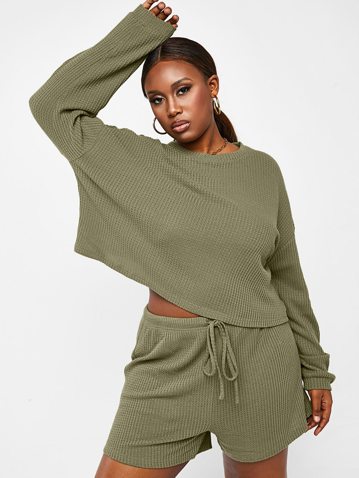 Plus Size Solid Waffle Textured Long Sleeve Top Shorts Set - Temu Australia
