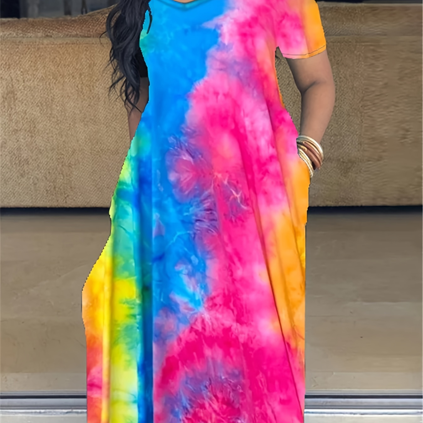 Plus Size Maxi Dress With Pocket Women's Plus Tie Dye Print Short ...