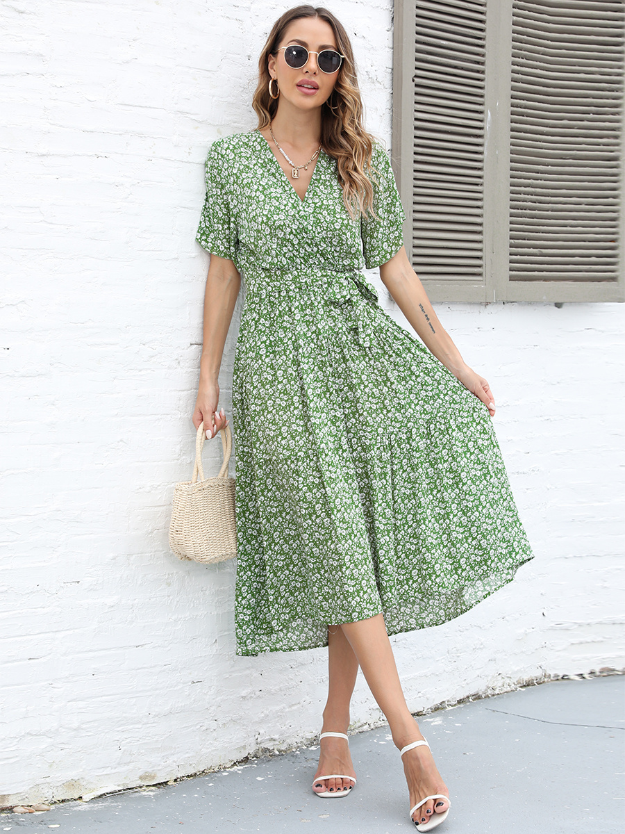 Ditsy Floral Print Dress Vacation Short Sleeve V Neck Tie - Temu Norway