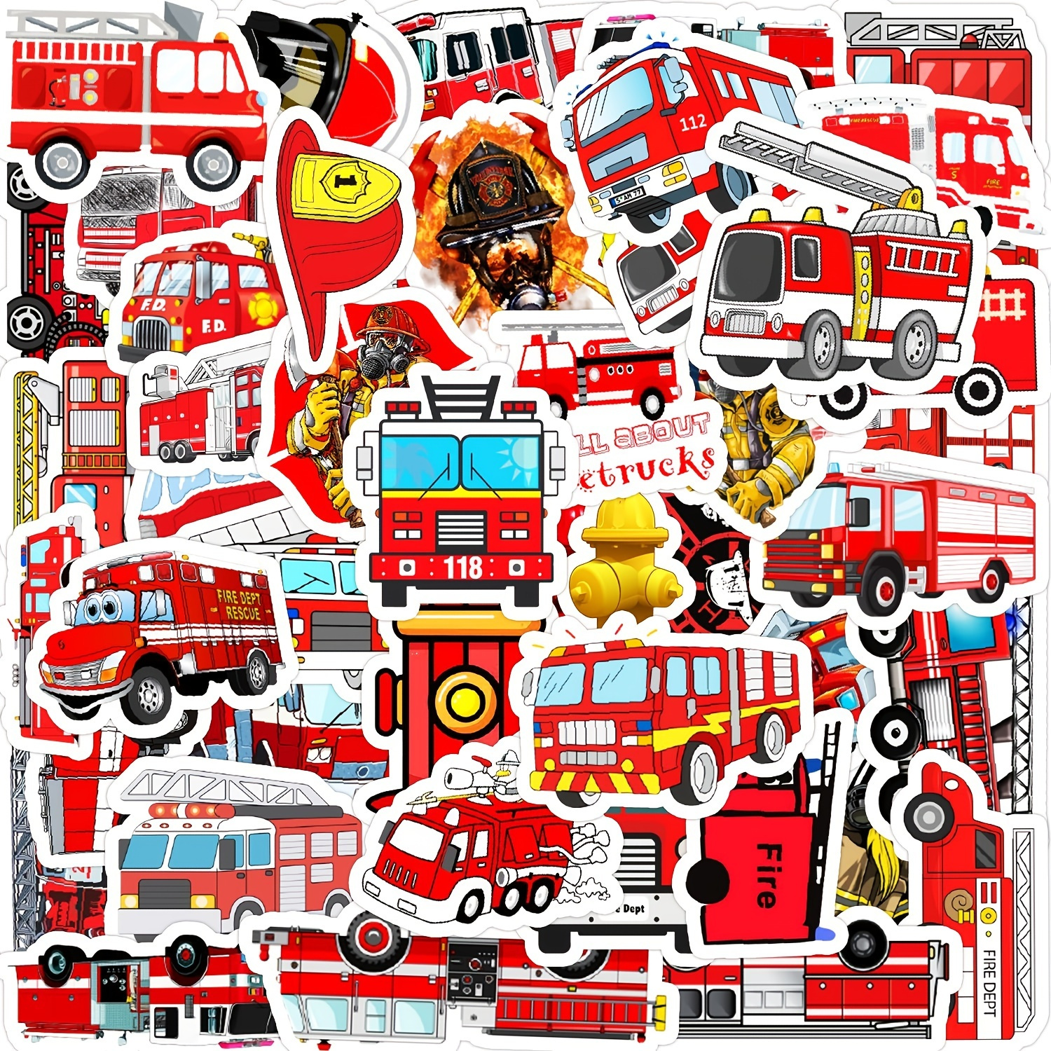 50 Sheets Fire Truck Doodle Stickers Decals, Car Phone Water Bottle ...