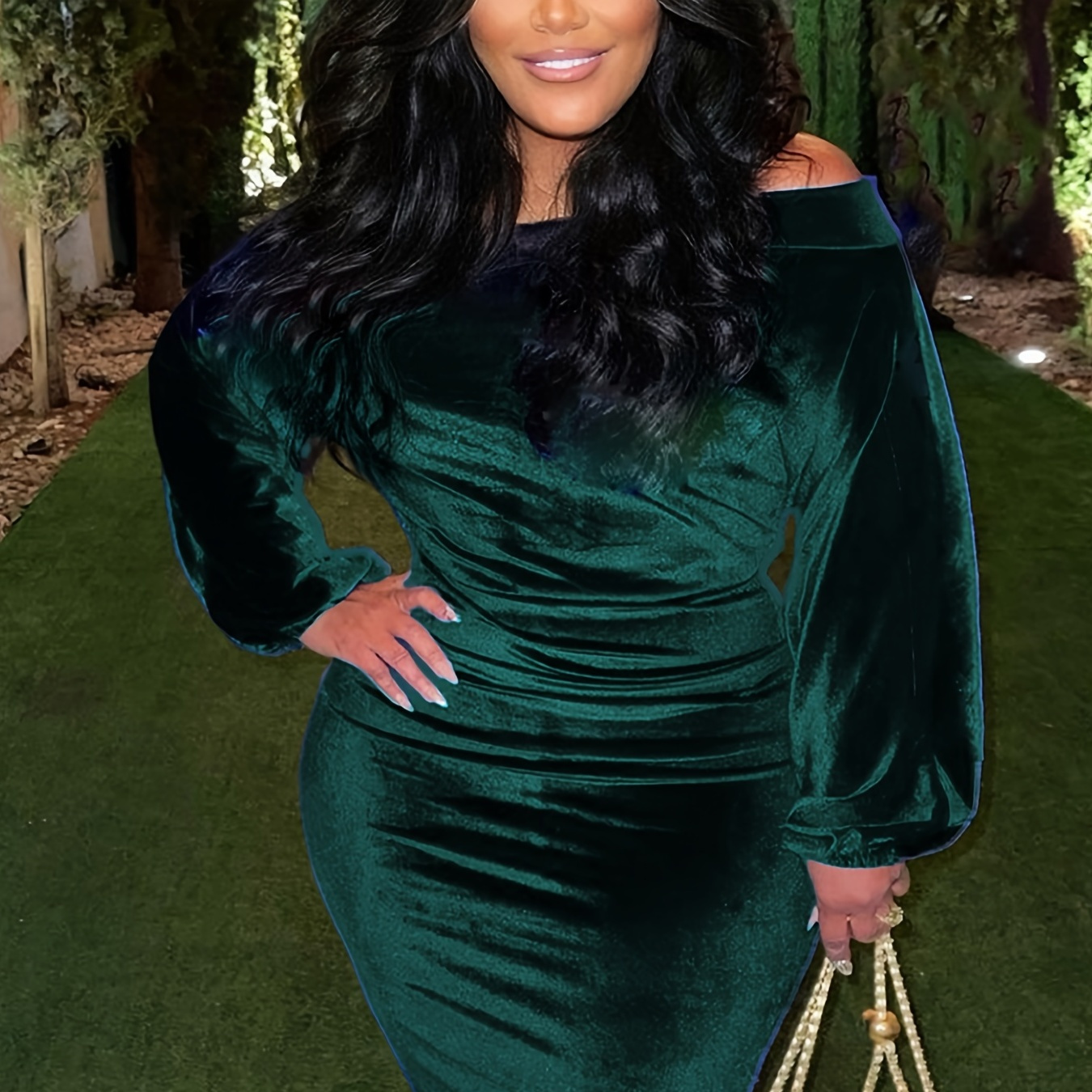 Plus Size Velvet Off Shoulder Long Sleeve Party Midi Dress Women's Plus ...