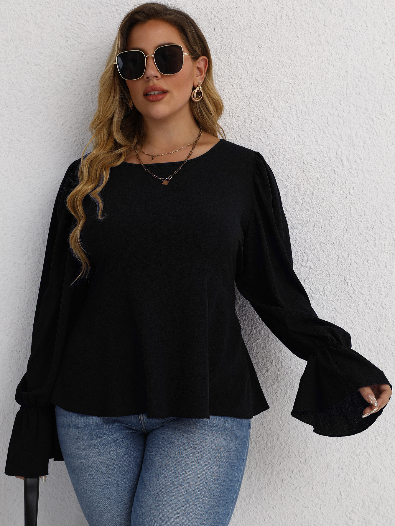 Plus Size Bell Sleeve Round Neck Peplum Tops Women's Plus - Temu ...