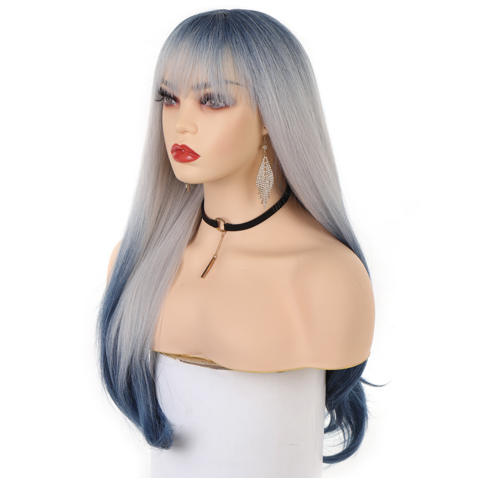 Long Straight Ombre Blue Wigs Bangs Natural Fake Hair Daily - Temu