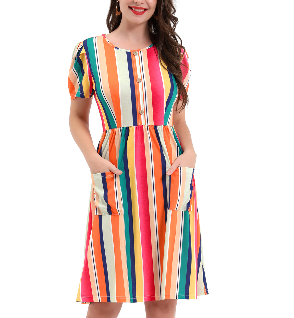 Women's Striped Crew Neck Short Sleeve Button Dress A - Temu