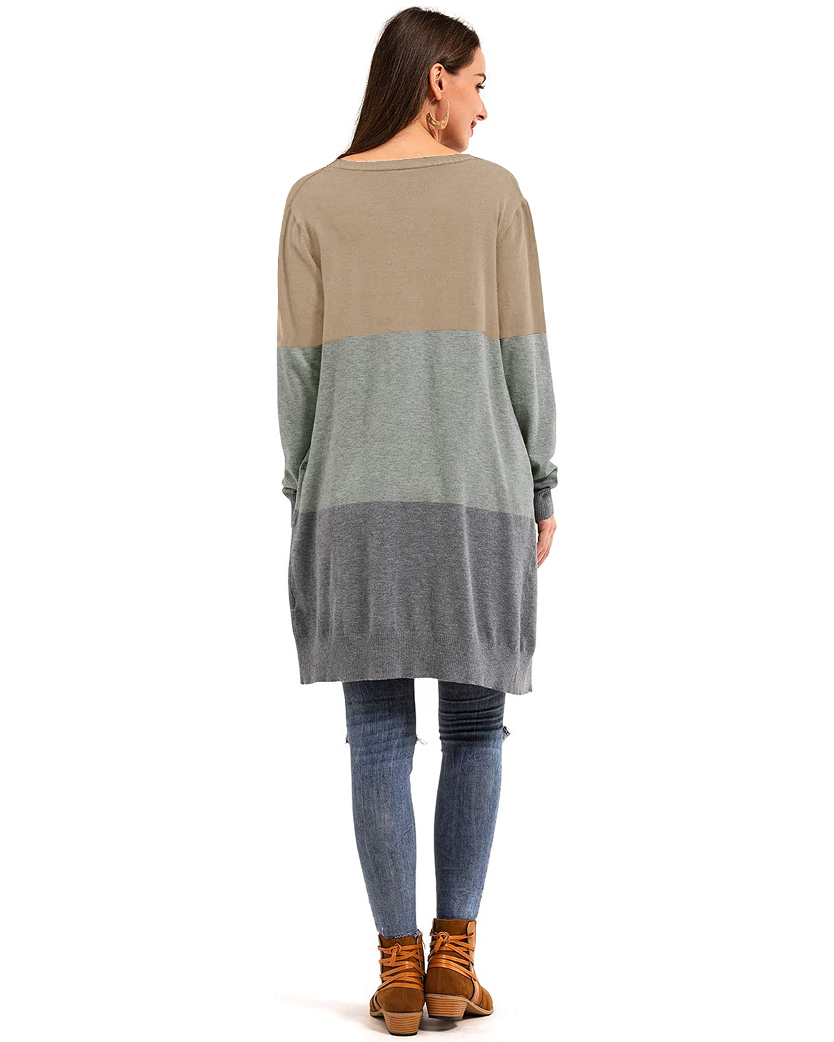 Women's Open Front Cardigan Long Sleeve Color Block Knit - Temu