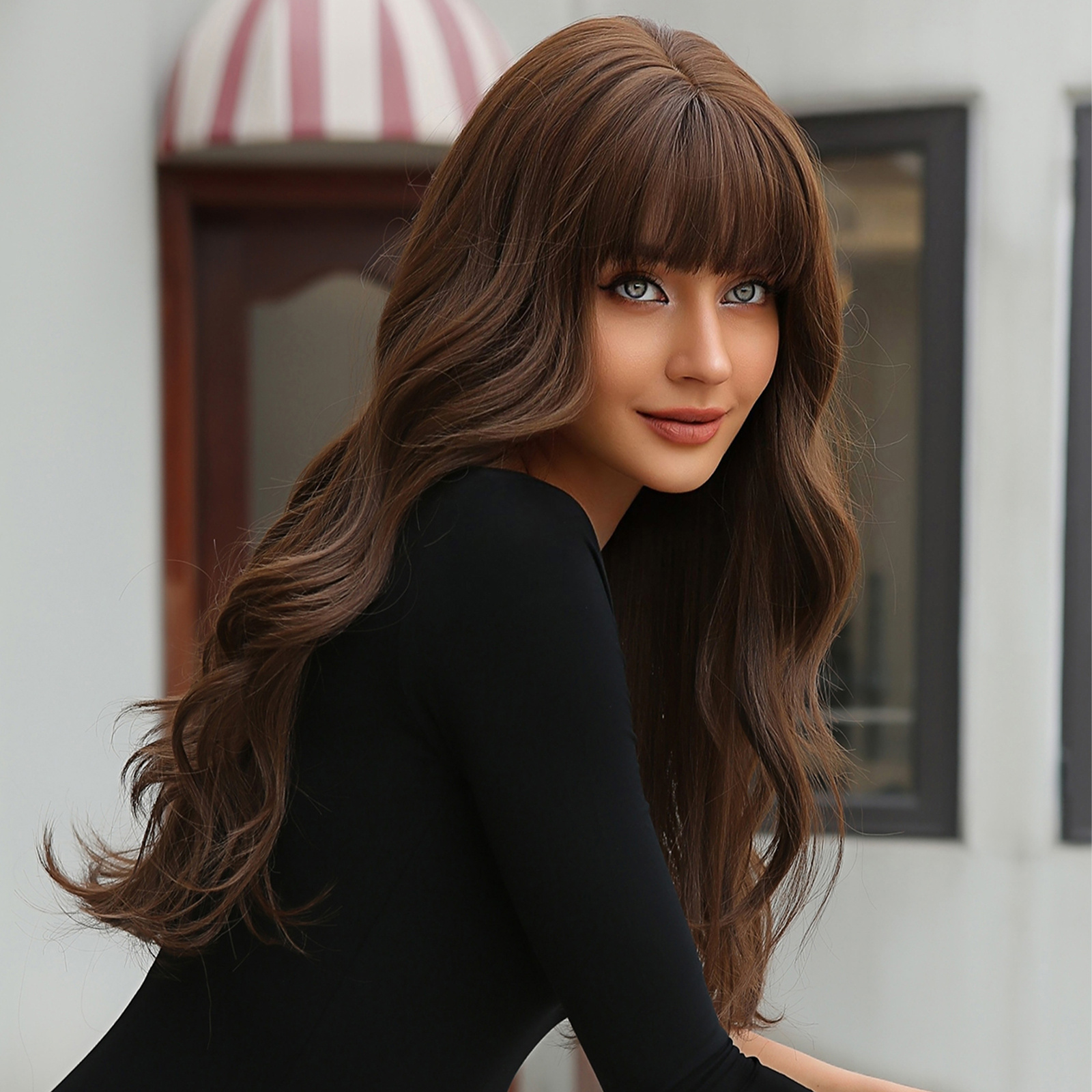Long Brown Wig Women Bangs Curly Synthetic Hair Natural - Temu United