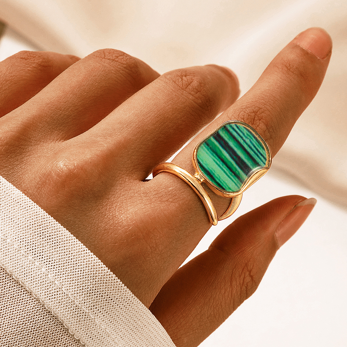 Personality Marble Pattern Green Gemstone Ring Women - Temu