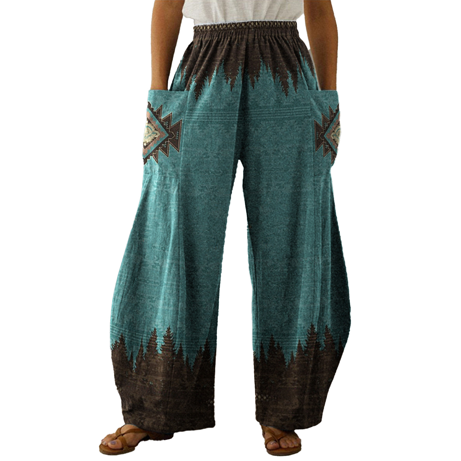 Boho Dual Pocket Wide Leg Pants Western Casual High Elastic - Temu ...