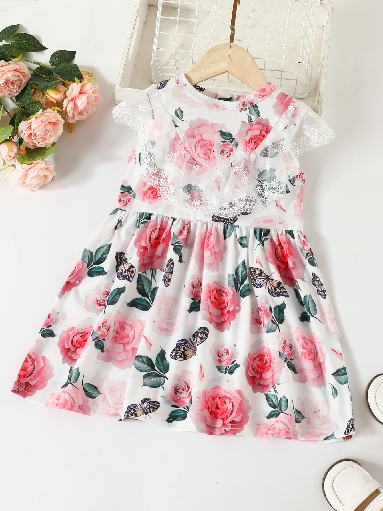 Baby Girls Round Neck Sleeveless Lace Splicing Floral - Temu New Zealand