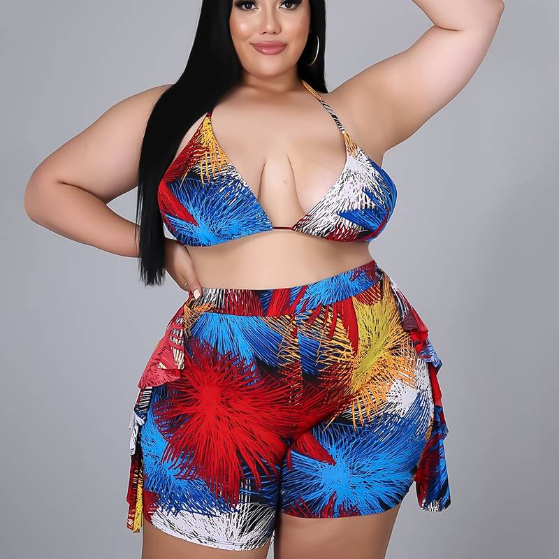 Plus Size Casual Denim Print Shorts Womens Plus Floral And Skull Print