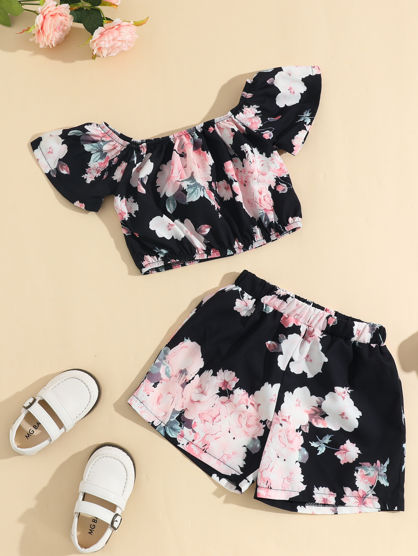 Girls Shoulder Top + Matching Shorts Bottoms Floral Print - Temu ...
