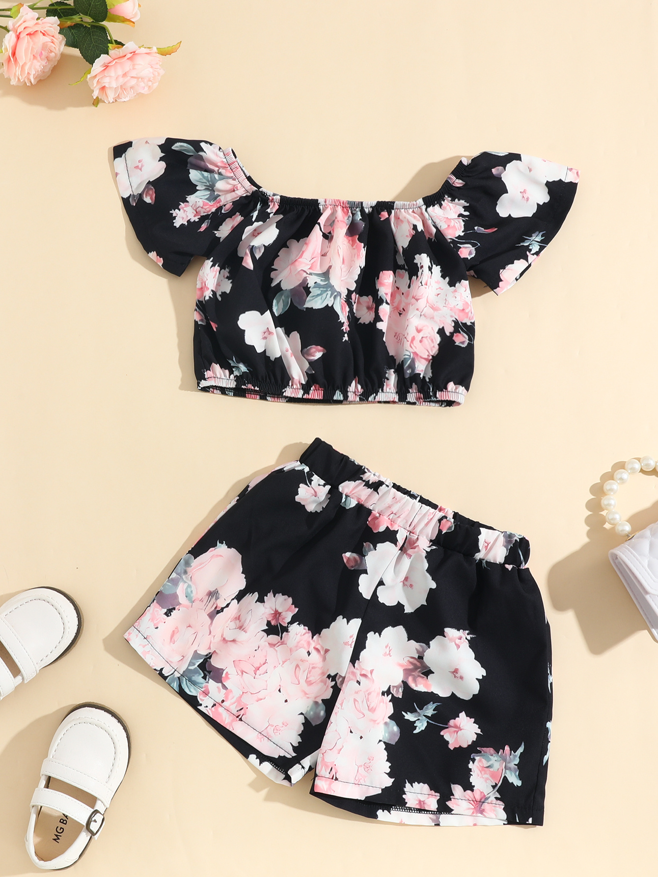 Girls Shoulder + Matching Shorts Bottoms Floral Print - Temu United