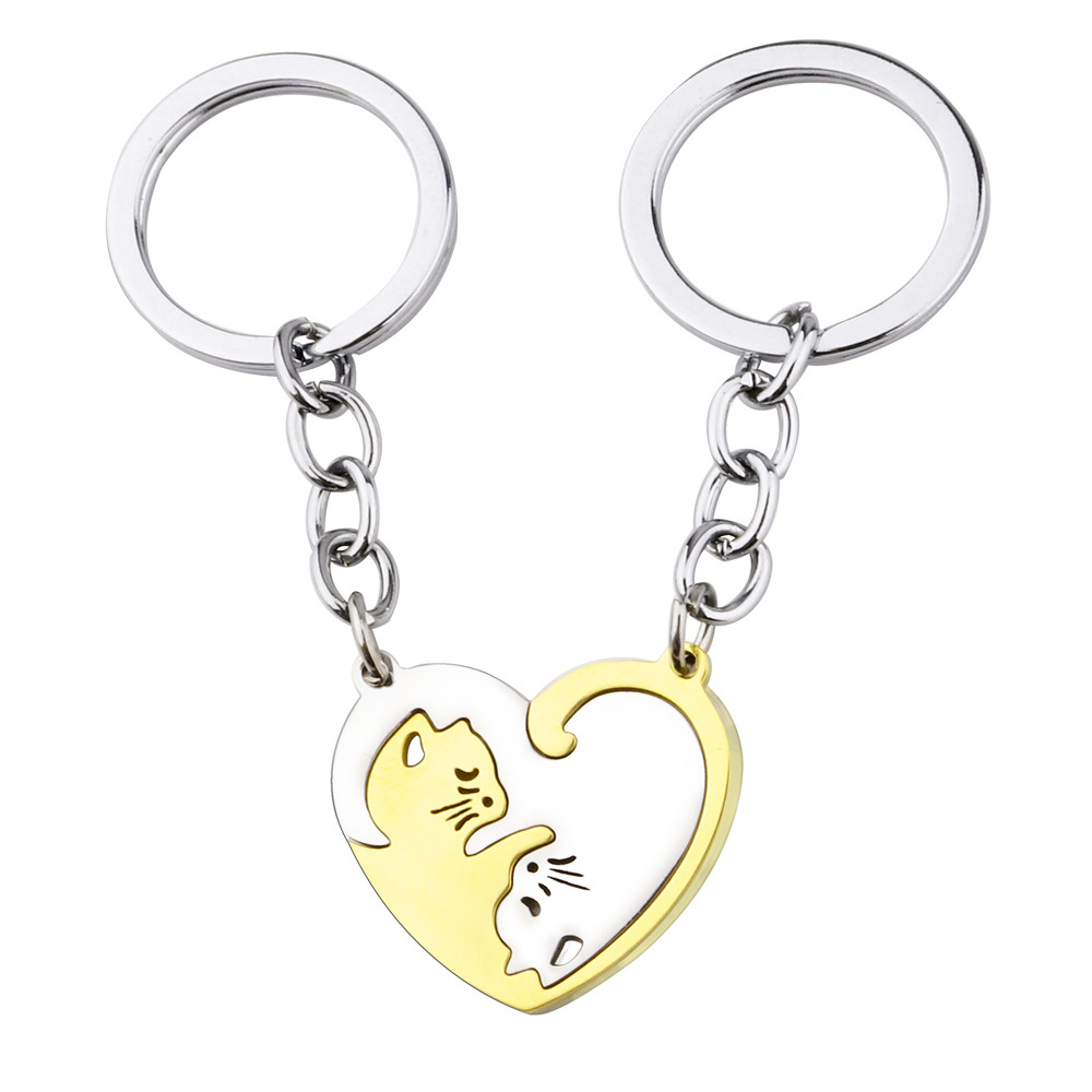 Stainless Steel Hug Cat Heart Shape Matching Keychain Couple - Temu ...