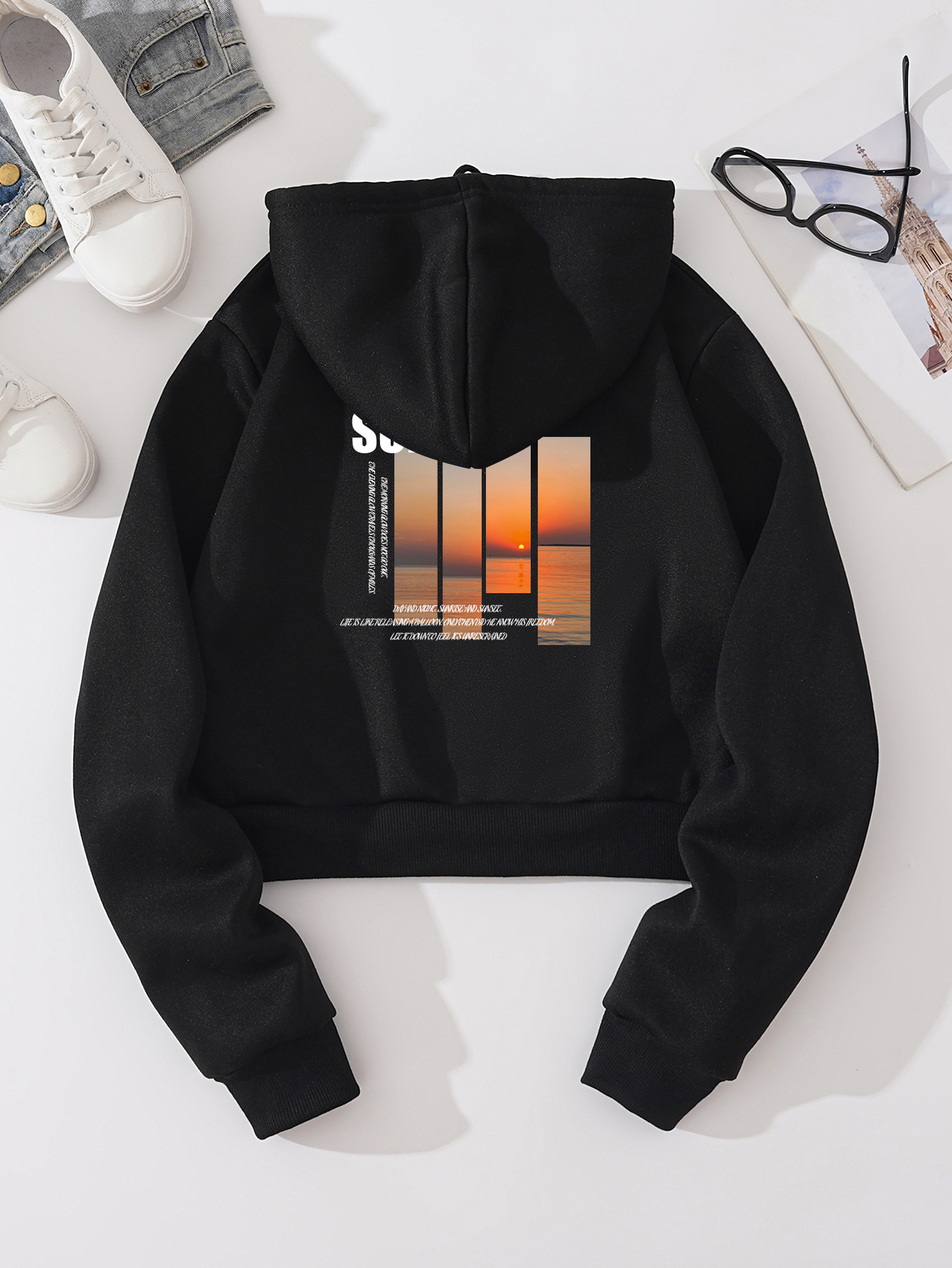 Sunset Print Cropped Shirt Drawstring Zip Hooded Sweatshirt - Temu Norway