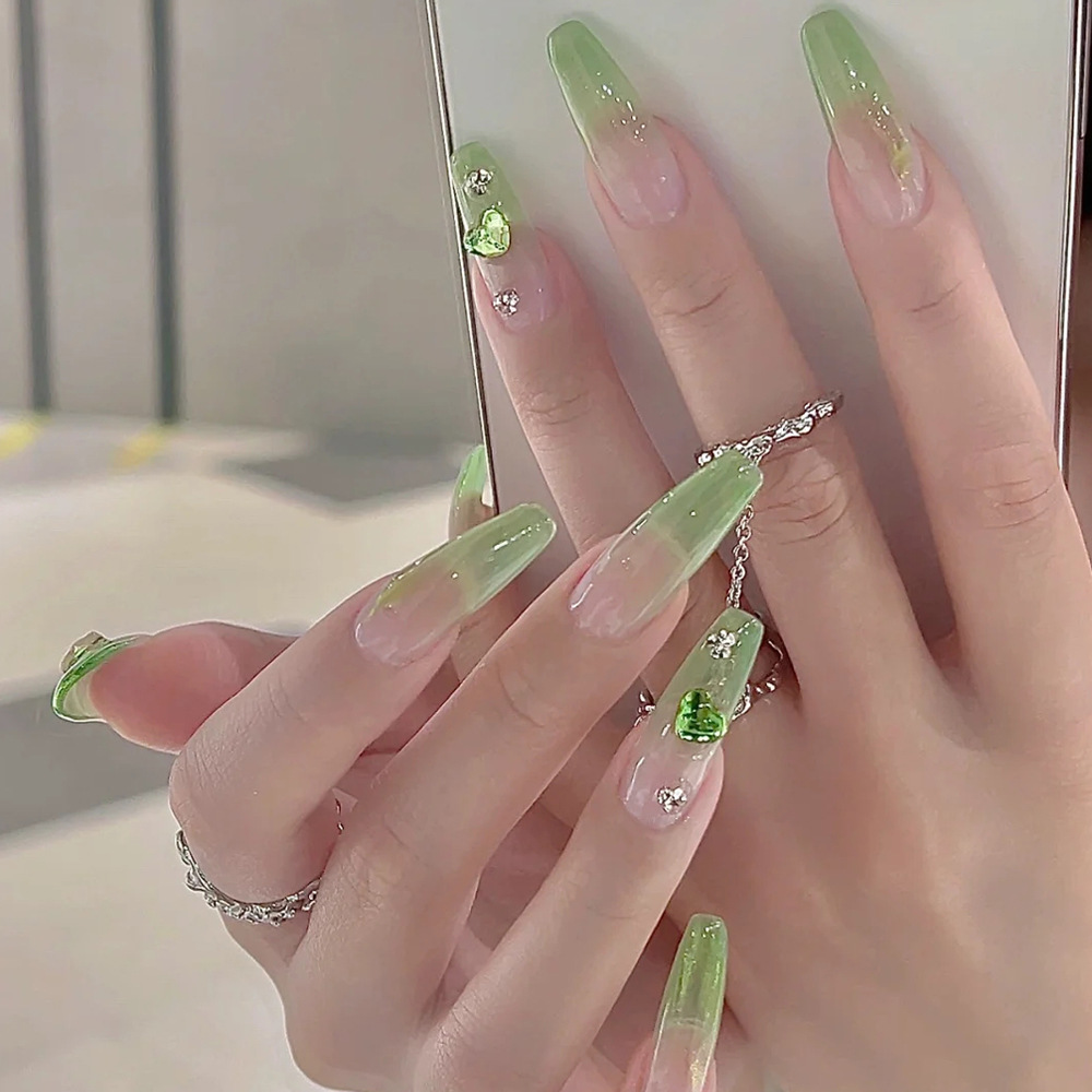 St Patrick's Day Long Press On Nails Heart Decor False Nails Women's ...