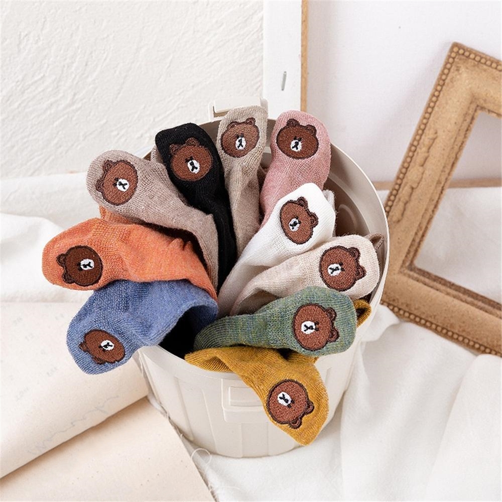 Cute & Soft Ankle Socks, Teddy Bear Embroidered Cotton Solid Sock Women ...