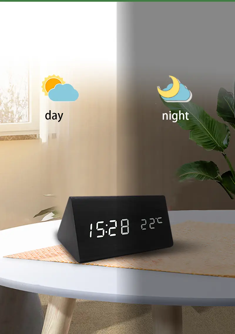1pc 디지털 알람 시계 나무 전자 Led 시간 디스플레이 3개의 알람 설정 온도 감지 침실용 나무 제작 전기 시계