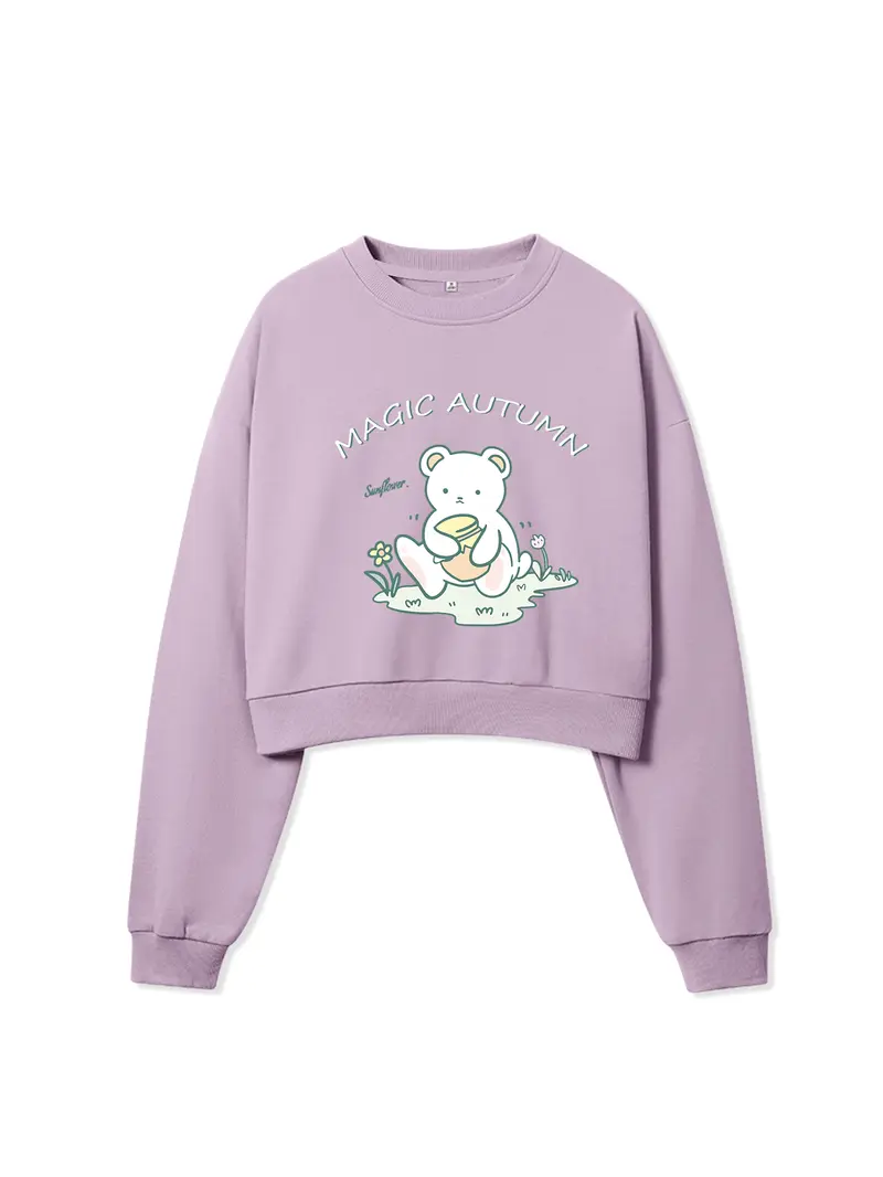 Cute Bear Graphic Print Solid Pullover Crew Neck Long Sleeve Casual