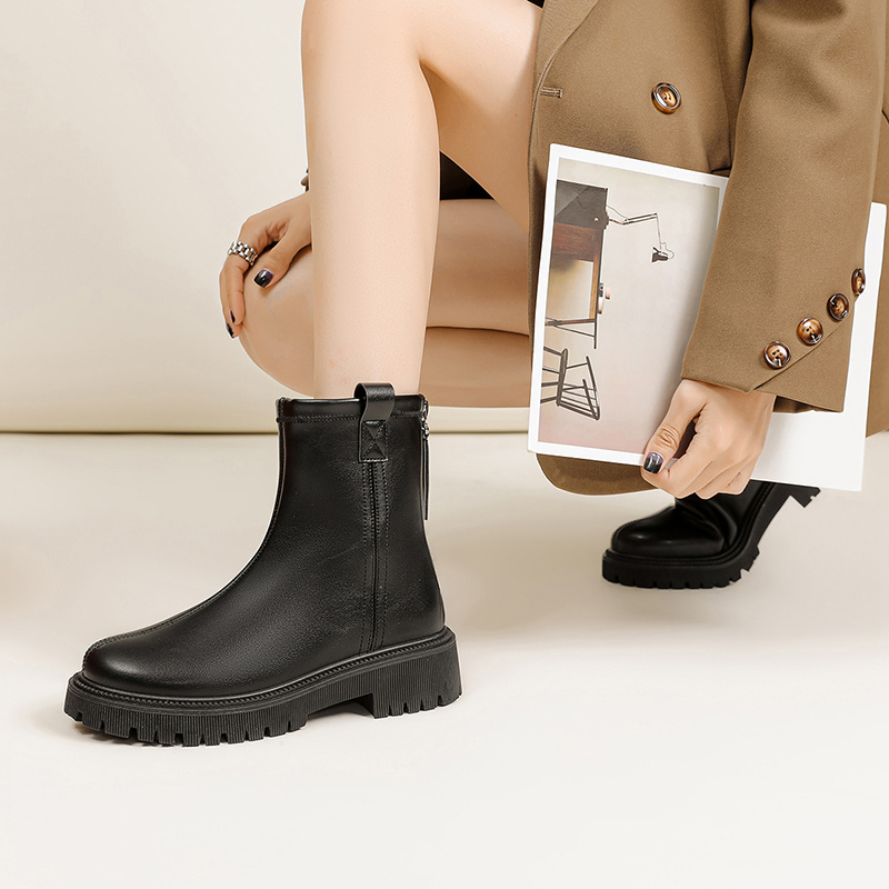 Round Toe Zipper Calf Boots Thick Sole Chunky Faux Leather - Temu ...