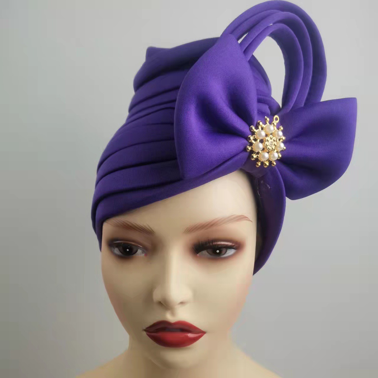 Faux Pearl Alloy Decor Turban Cap Elegant Bow Bandana Multi Layer Faux Pearl Alloy Decor Turban Cap Elegant Bow Bandana Multi Layer