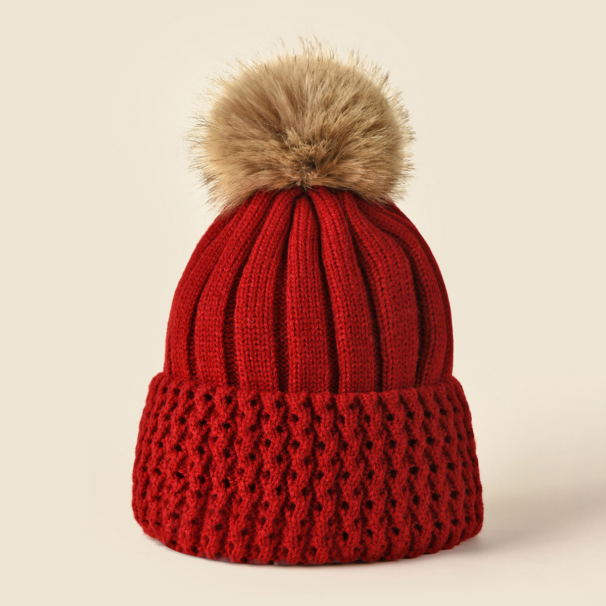 Wide Trim Knitted Hat Beanie Fur Pom Pom Winter Warm - Temu