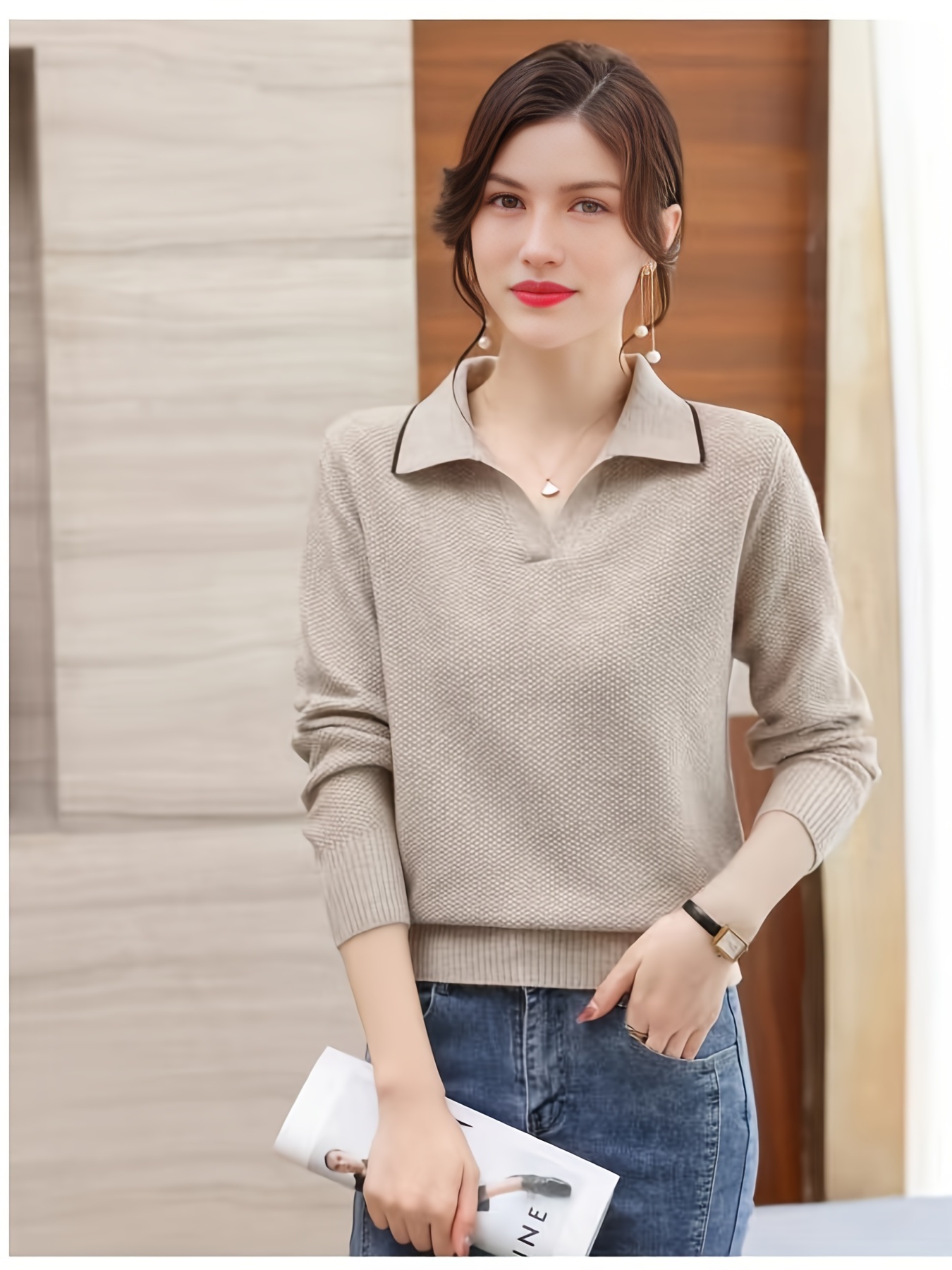 Solid Notched Collar Long Pullover Sweater Casual Long - Temu