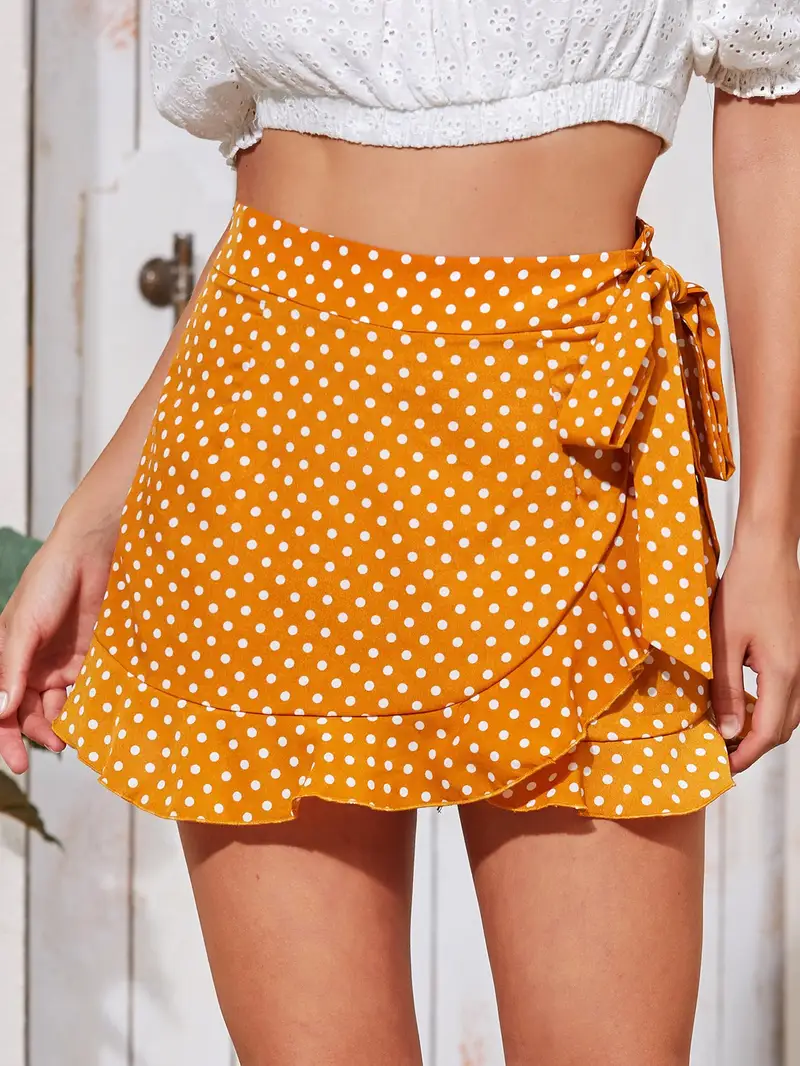 Polka Dot Print Ruffle Hem Wrap Knot Skort Casual Bow Side Temu