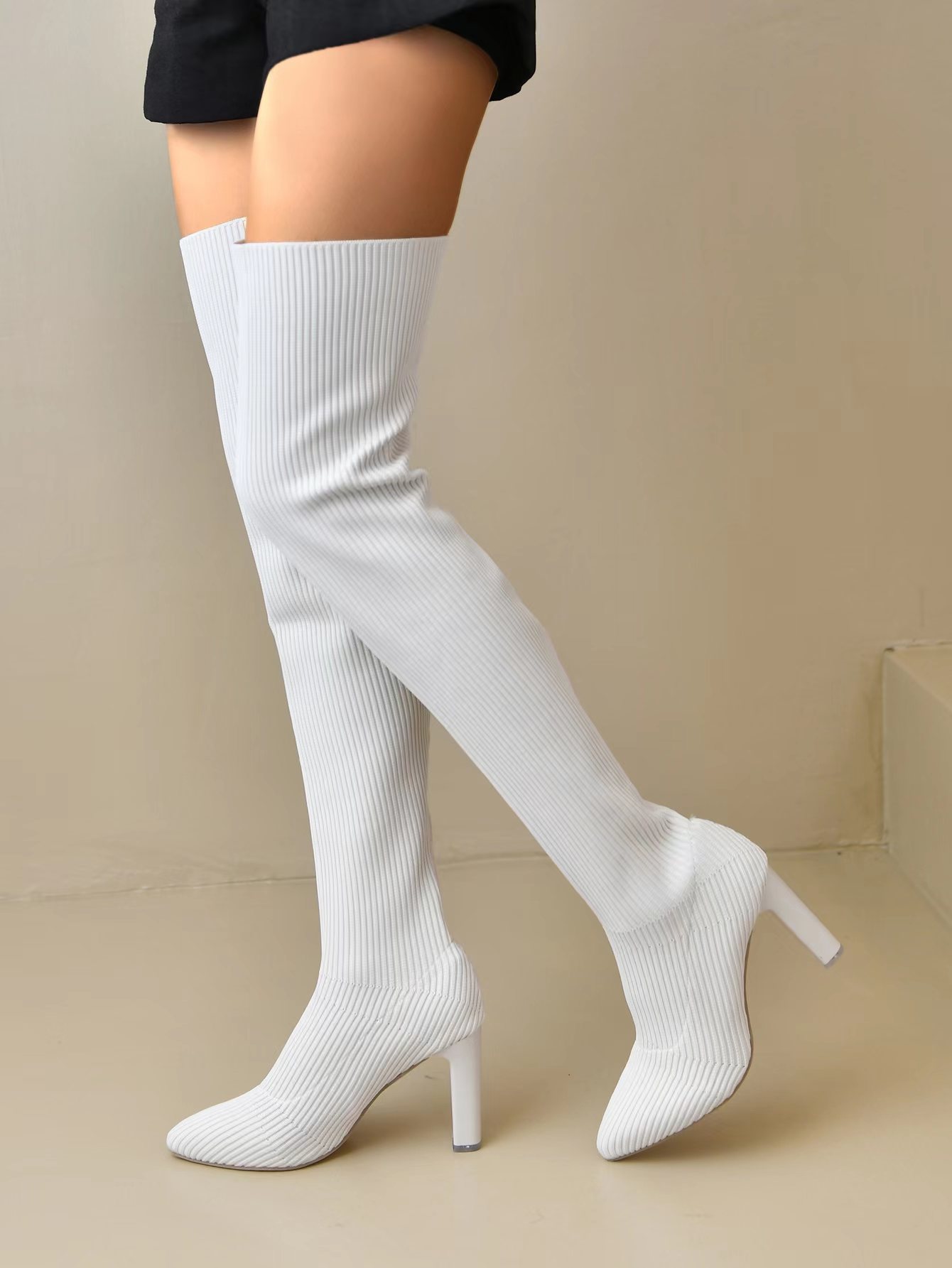 Women's Knit Stretch Thigh High Boots Solid Color - Temu Portugal
