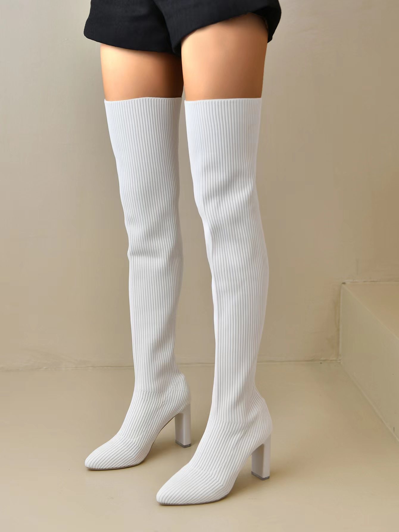 Women's Knit Stretch Thigh High Boots Solid Color - Temu Portugal