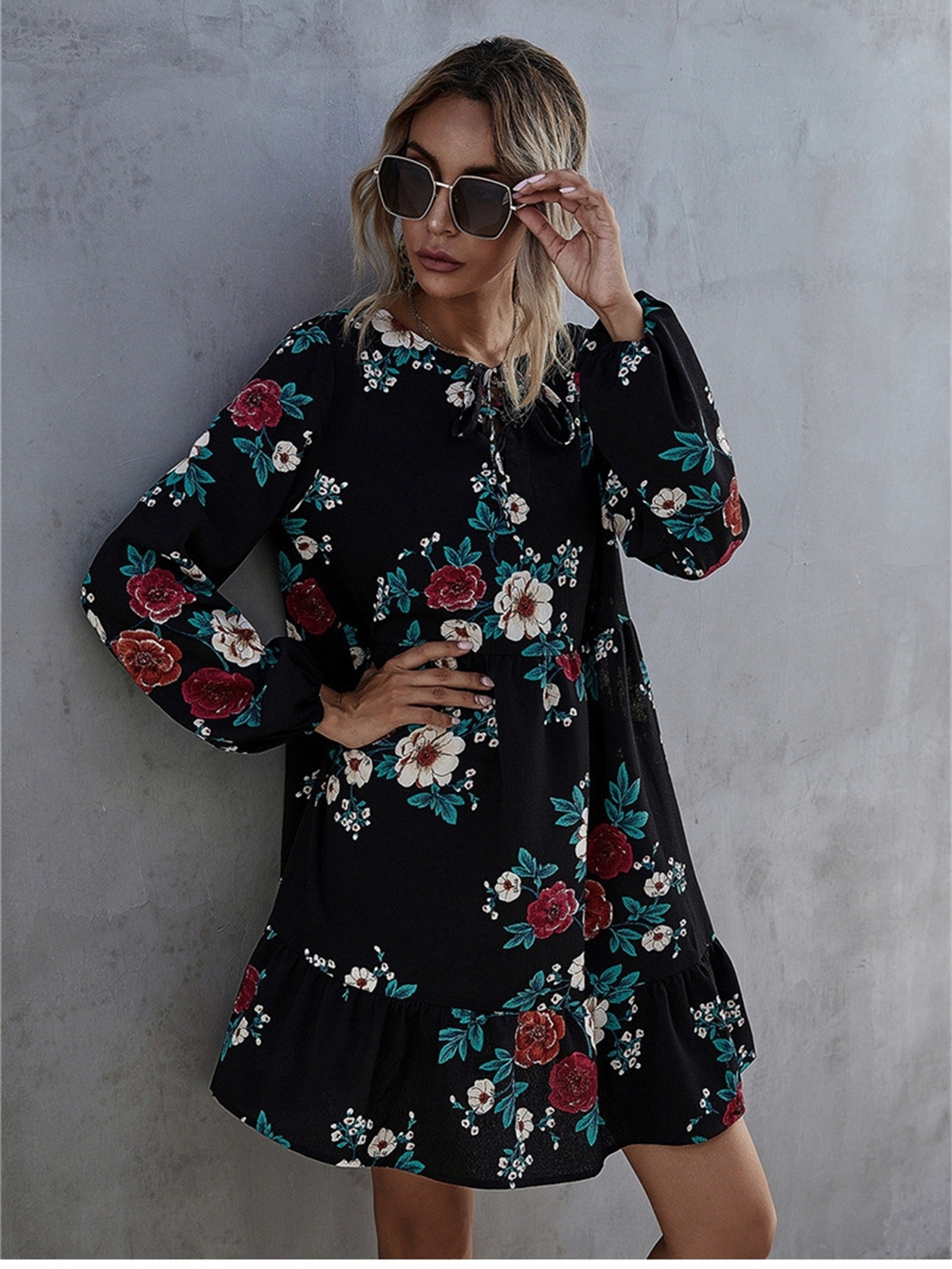 floral print tie neck ruffle hem smock dress - Temu Australia