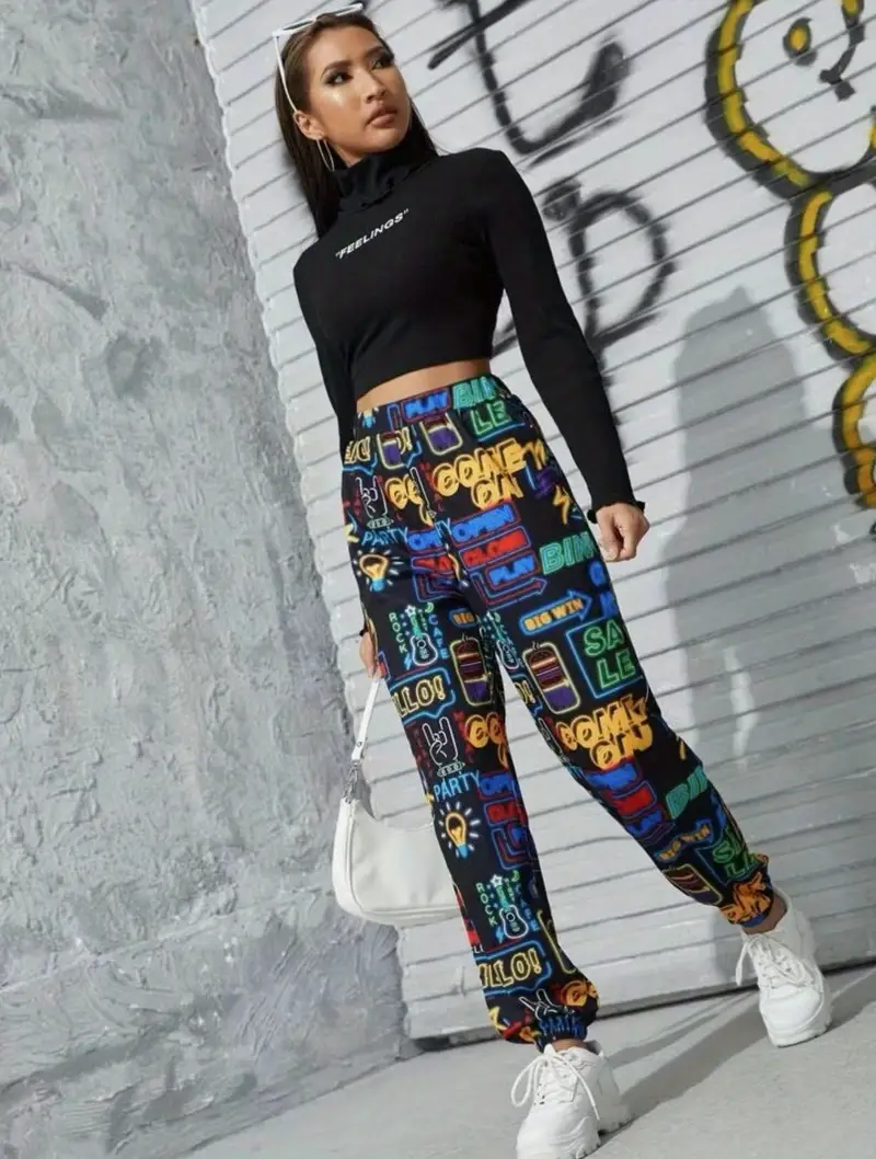 Graffiti Print Pants Casual Elastic Waist Long Length Jogger Temu New