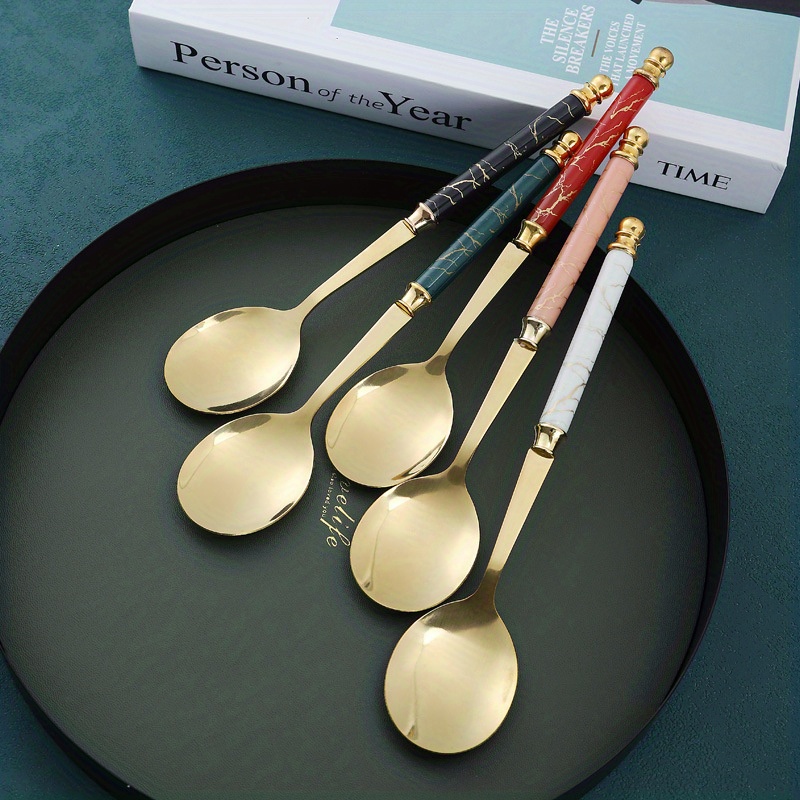 Stainless Steel Imitation Ceramic Handle Round Spoon - Temu United Kingdom