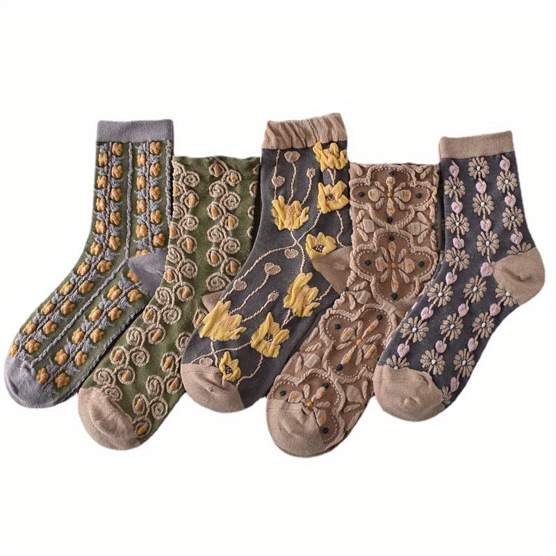 5 Pairs 3d Floral Textured Socks Retro Court Style Mid Tube Socks Women ...