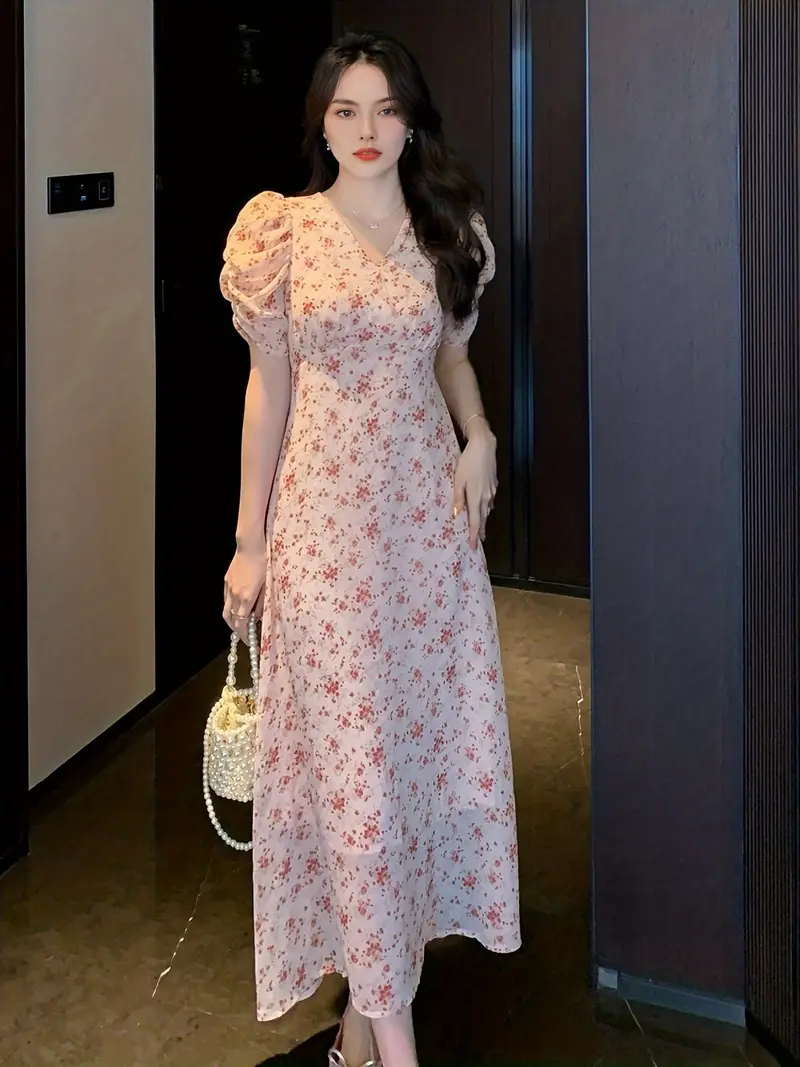 Ditsy Floral Print Dress Elegant Puff Sleeve V Neck Maxi Temu New Zealand